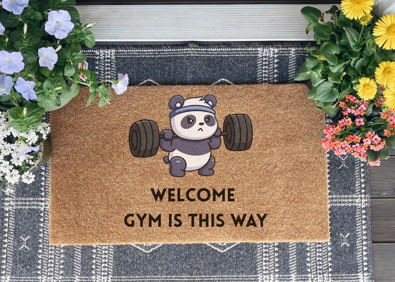 Cute Panda Gym Doormat | Funny Fitness Welcome Mat, Weightlifting ...