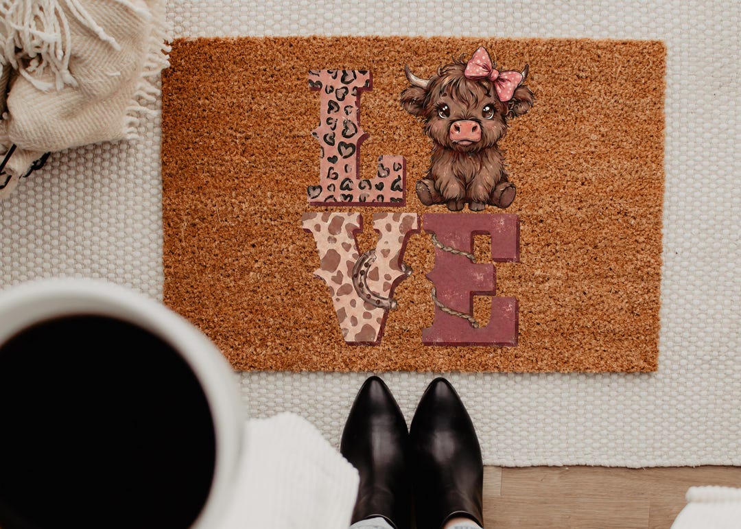 Highland Cow Love Doormat - Rustic Western Farmhouse Welcome Mat, Cute ...