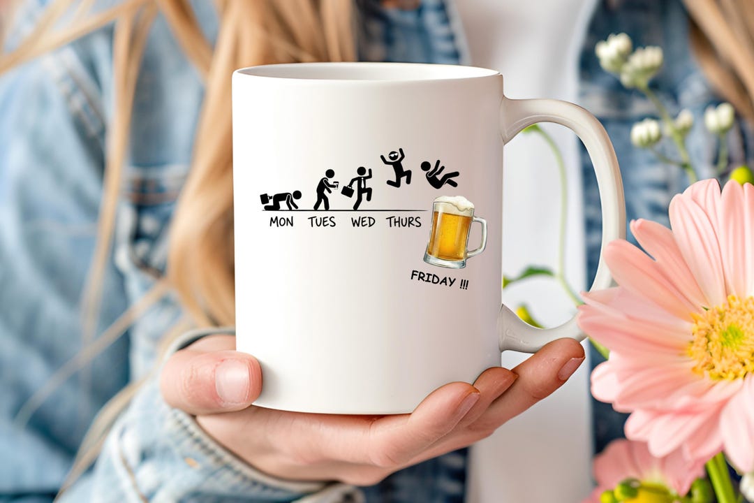 Funny Friday Beer Mug | Work Week Humor Coffee Cup | Stick Figure ...