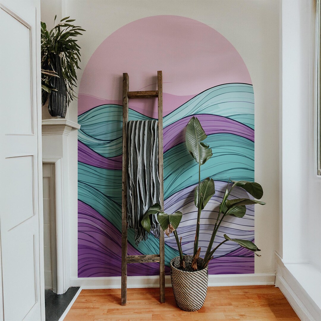 Colorful Abstract Wave Arch Wall Decal – Retro Pink Sky & Teal–purple ...
