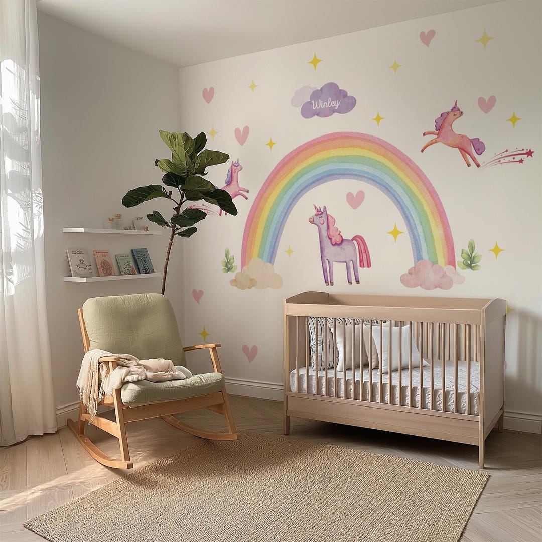 Rainbow Unicorn Wall Decal – Pastel Boho Nursery Mural for Kids Room ...