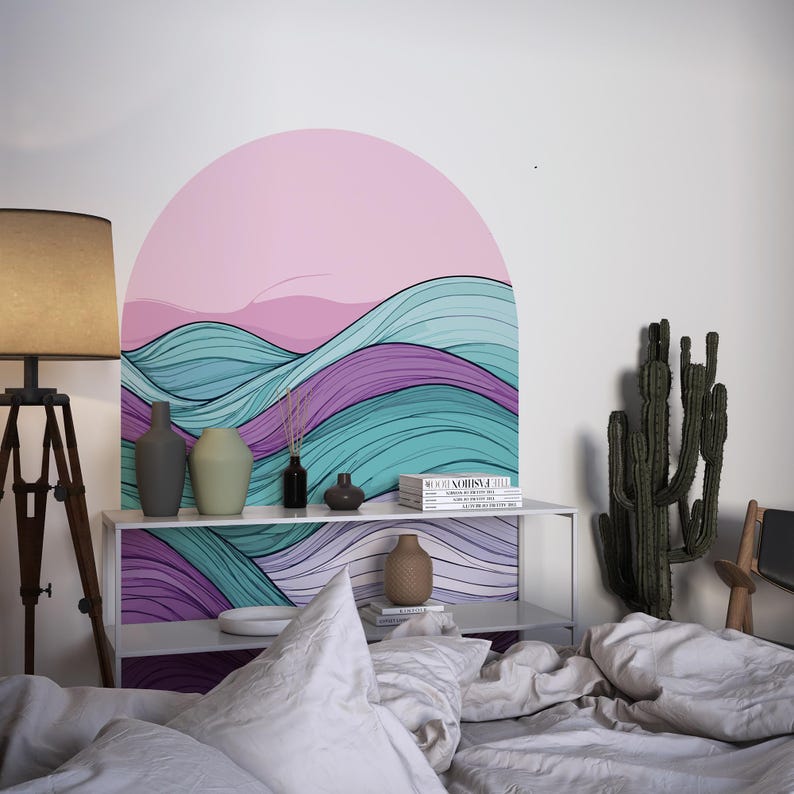 Colorful Abstract Wave Arch Wall Decal – Retro Pink Sky & Teal–purple ...