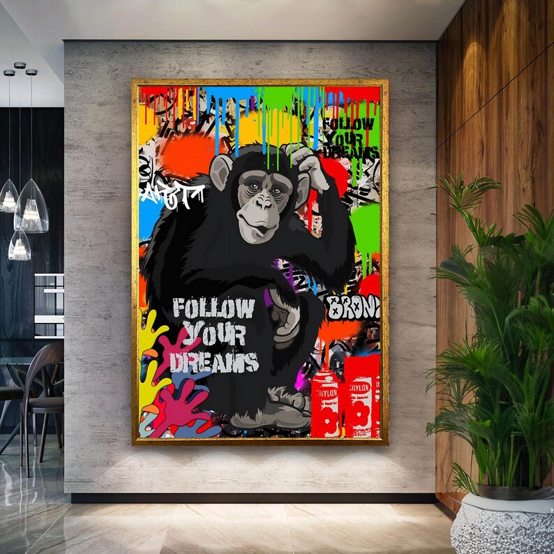 Urban Graffiti Chimpanzee Pop Art Wall Art Print on Canvas Framed Home ...