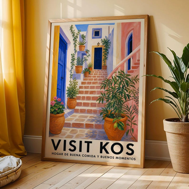 Kos Poster - Modern Color-blocked Illustration, Navy Blue and Turquoise ...