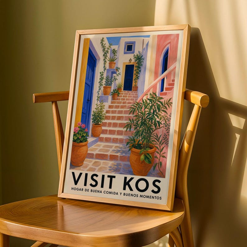 Kos Poster - Modern Color-blocked Illustration, Navy Blue and Turquoise ...