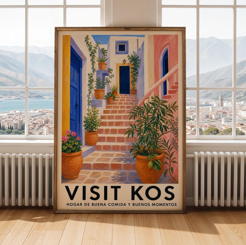 Kos Poster - Modern Color-blocked Illustration, Navy Blue and Turquoise ...