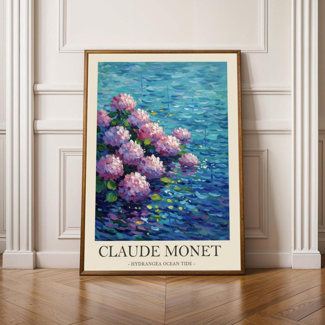 Hydrangea Ocean Tide Poster – Watercolor Style, Blue Teal Sea With Pink ...
