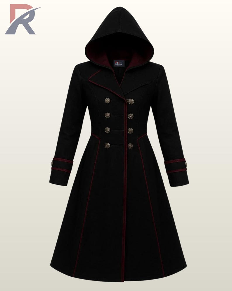 Black and Burgandy Gothic Coat Women | Warm Double Breasted Overcoat ...