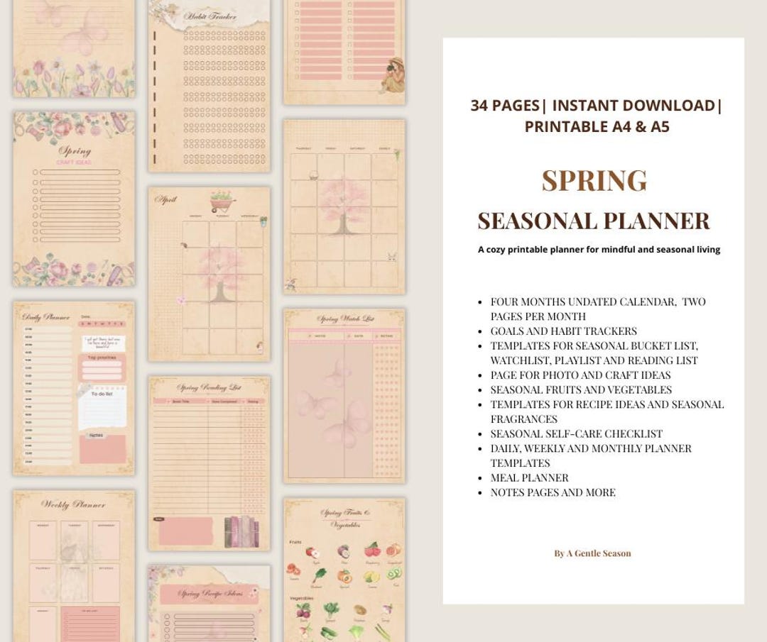 Spring Seasonal Planner Printable | Undated Cozy Planner PDF | A4 & A5 ...
