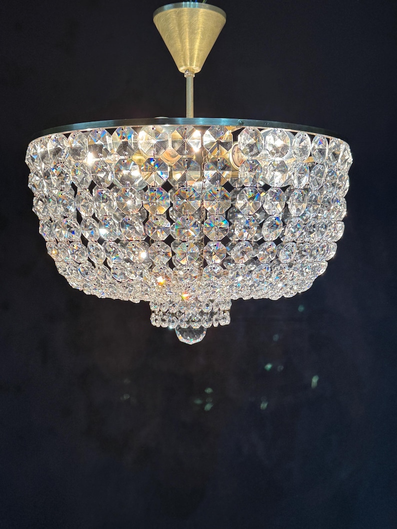 Vintage French Crystal Chandelier: Restored Brass Flush Mount Light - Etsy