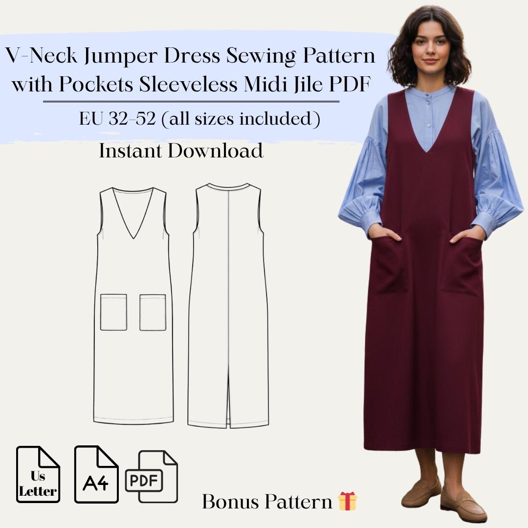 V-neck Jumper Dress Sewing Pattern With Pockets Sleeveless Midi Jile ...