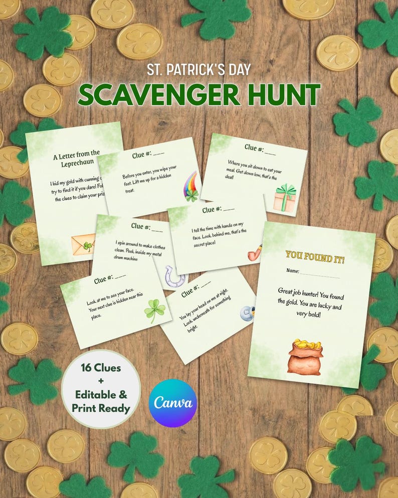 Scavenger Hunt for Kids St Patricks Day, Editable Treasure Hunt Clues ...