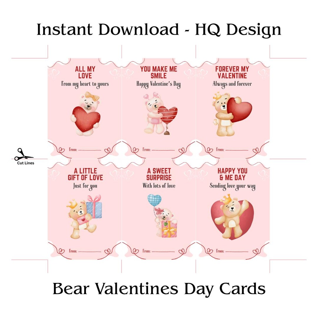 Teddy Bear Valentine Greeting Cards: Printable Valentine Cards Bundle ...