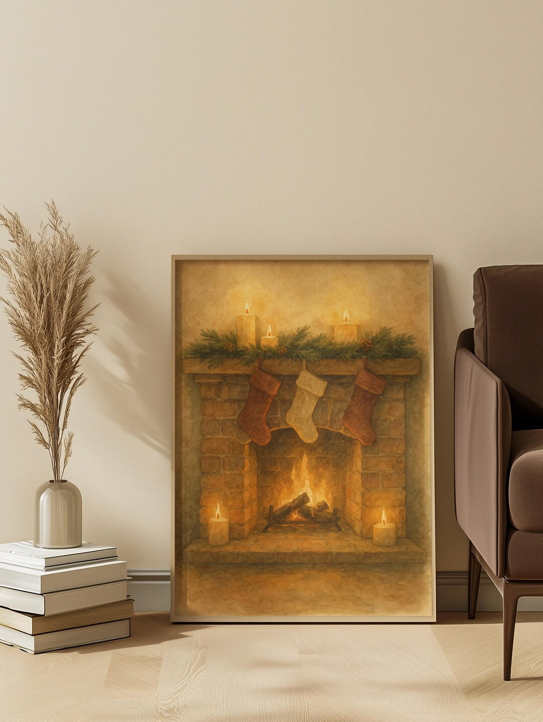 Vintage Christmas Fireplace Print | Cozy Stockings Mantle Fire ...