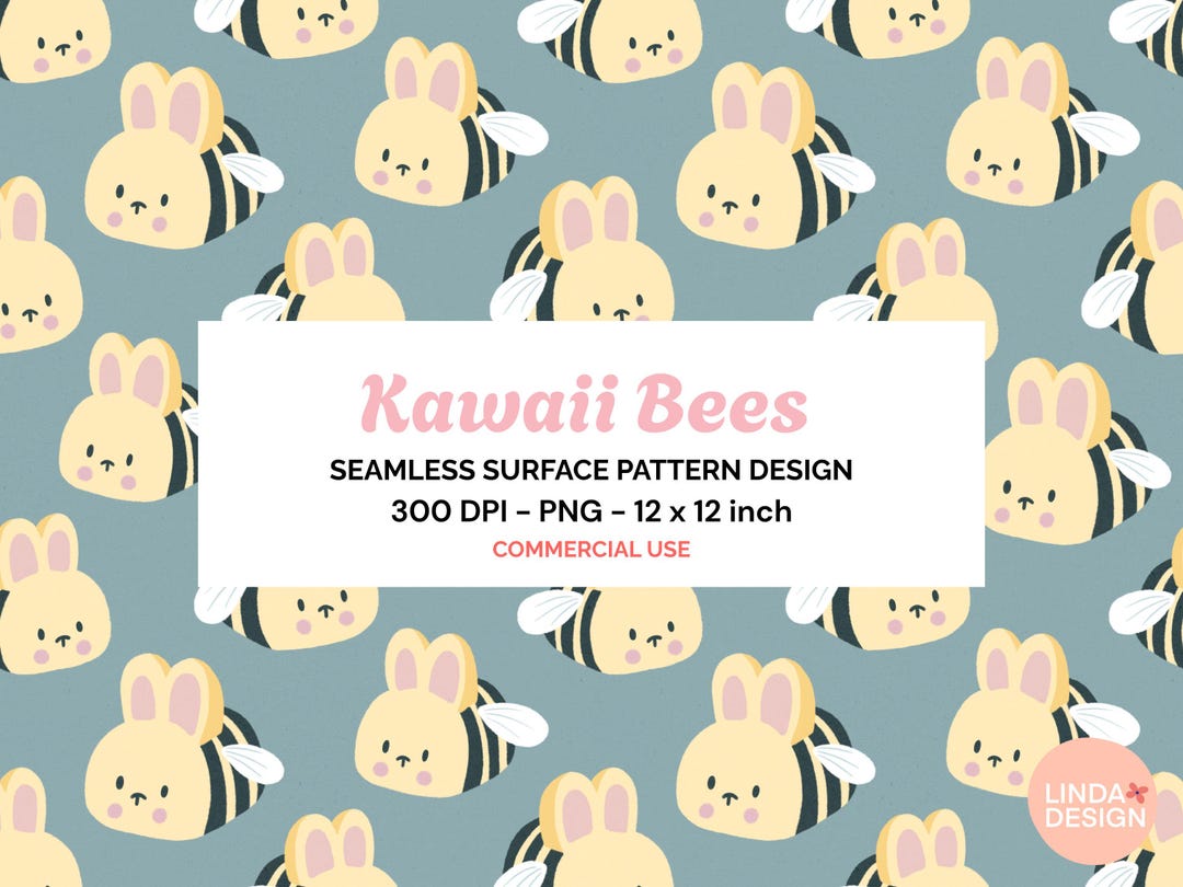 Sweet Kawaii Bee Seamless Pattern-muted Blue Yellow-png-300 Dpi ...