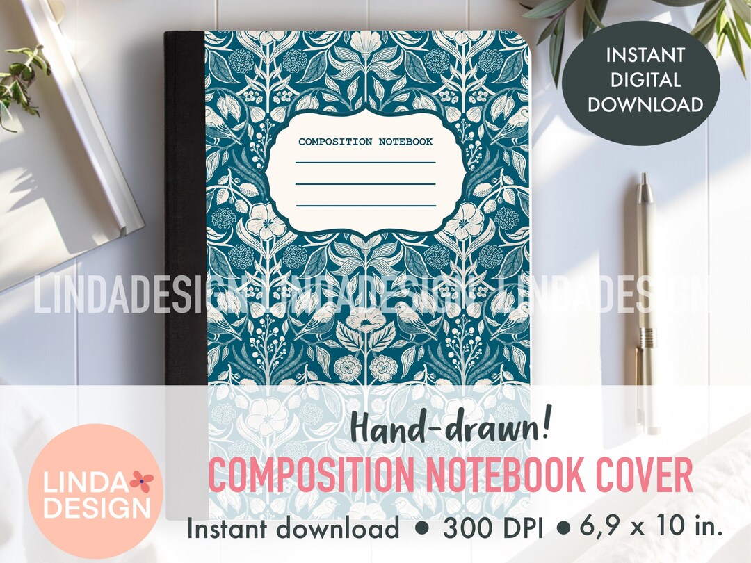 Printable Composition Notebook Cover (digital Download Png)-blue Floral ...