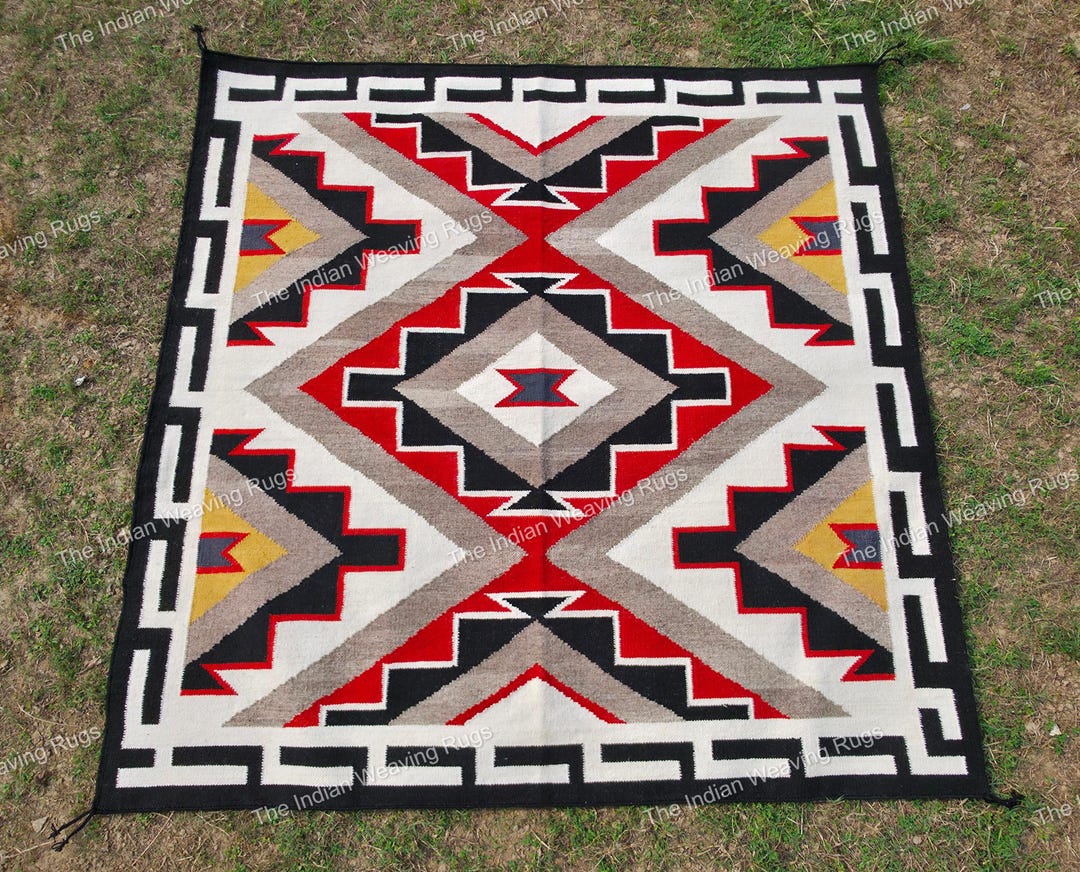 6x6 Ft Handwoven Wool Navajo Rug Southwestern Pattern Native American ...