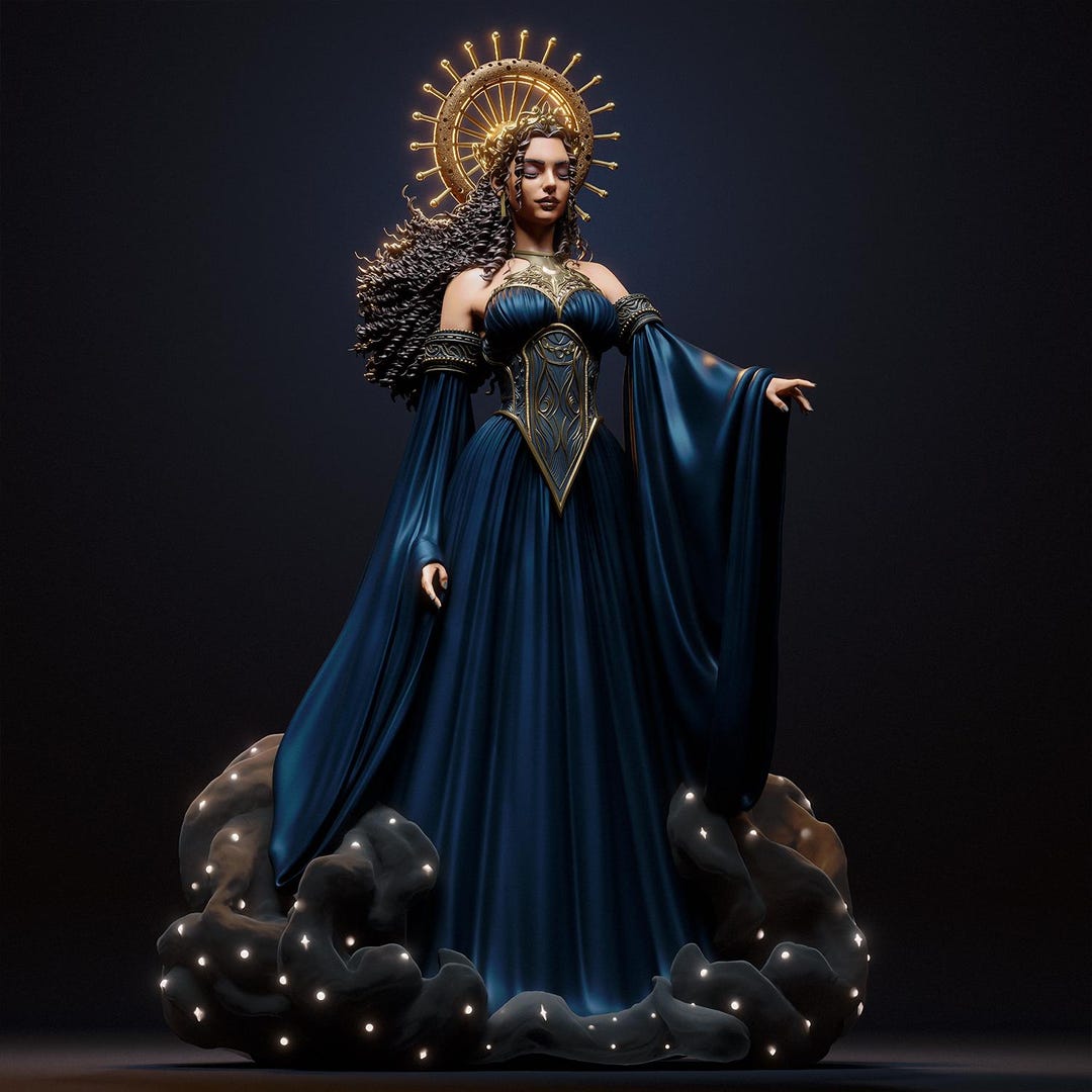 Celestial Goddess Statue STL | Flowing Gown, Starry Cloud Base (digital ...