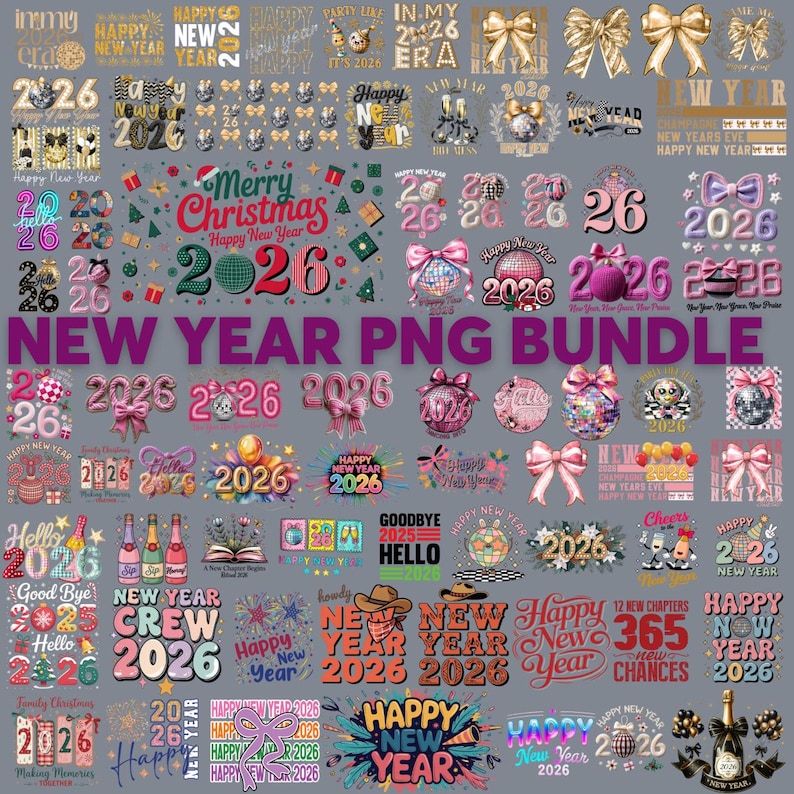 New Year 2026 PNG Bundle – Glitter Numbers, Disco Ball Clipart (digital ...