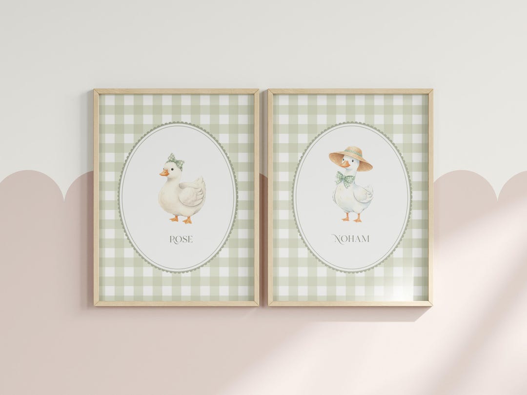 Sage Green Goose Nursery Prints Set, Personalized Gingham Wall Art ...