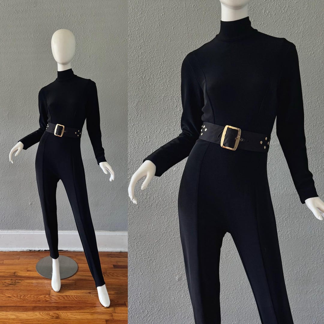 Vintage 80s Black Mock Neck TADASHI Stirrup Catsuit Jumpsuit M - Etsy