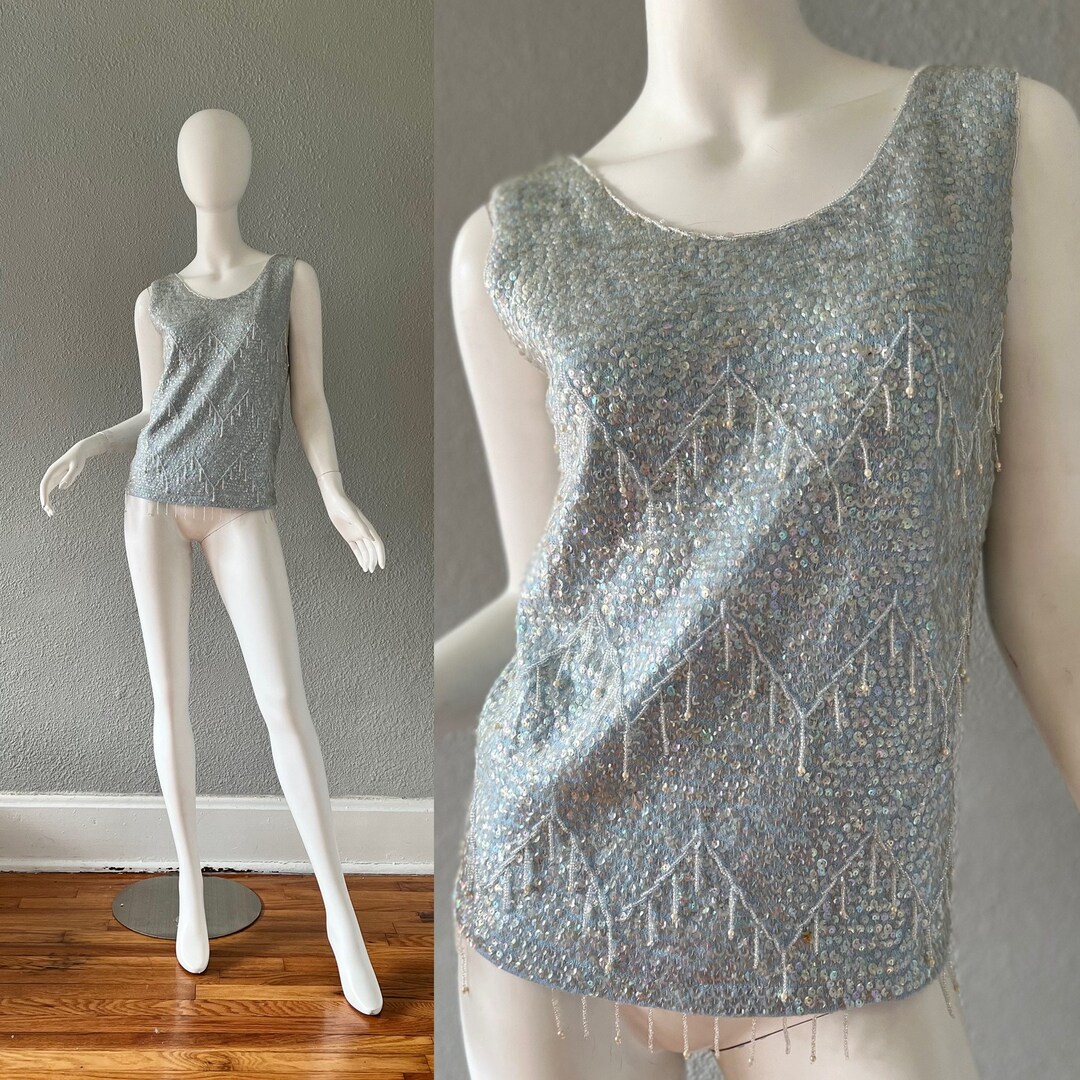 Vintage 60s Ice Blue WOOL Embellished Sequin BEADED Cocktail Party Top ...