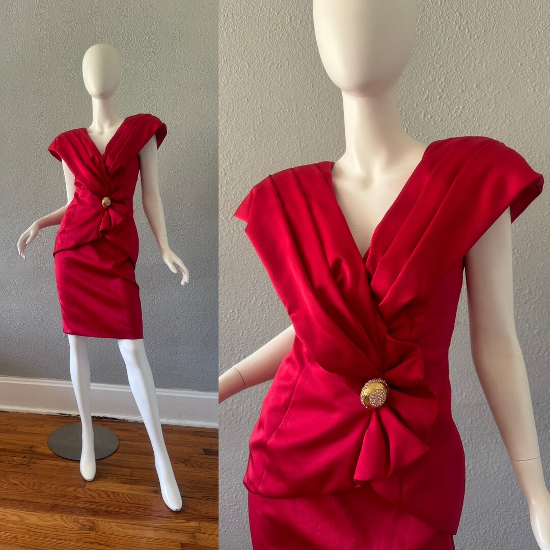 Vintage 80s Red Satin Karen Okada 2 Pc Cocktail Party Suit Dress Set XS ...
