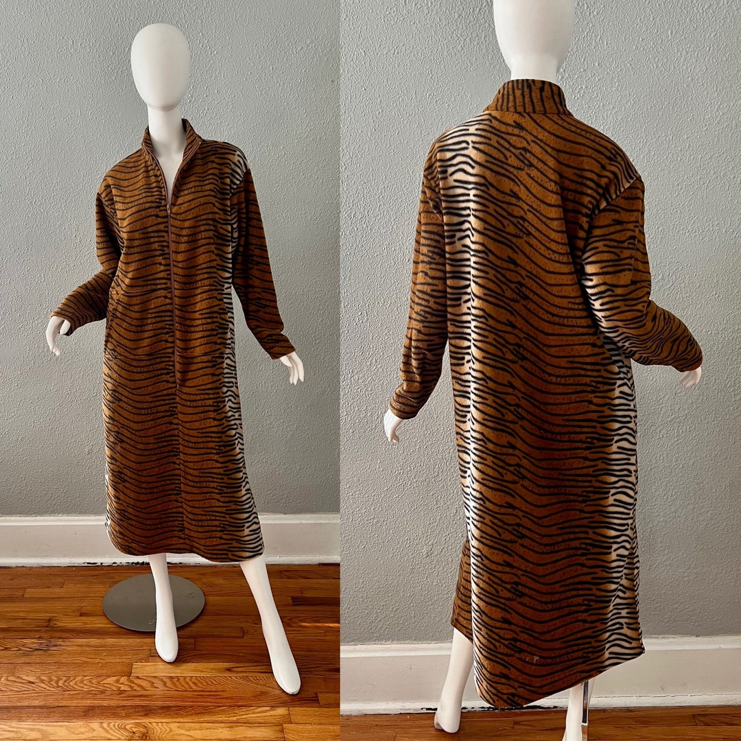 Vintage 80s Tiger Print Fleece VANITY FAIR Front Zipper Robe Nightgown ...