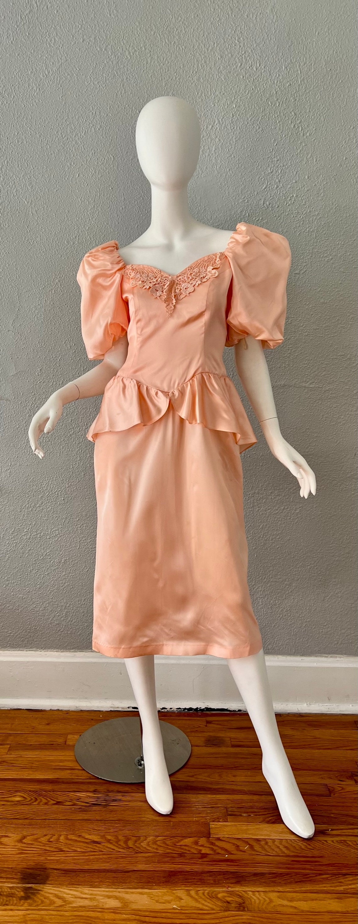 Vintage 80s Princess Peach Satin Puff Sleeve Peplum Party Prom Dress M ...