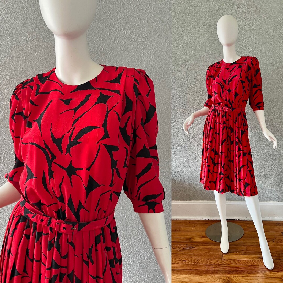 Vintage 80s Shiny Red Brocade Pleated Midi Secretary Dress S/M - Etsy