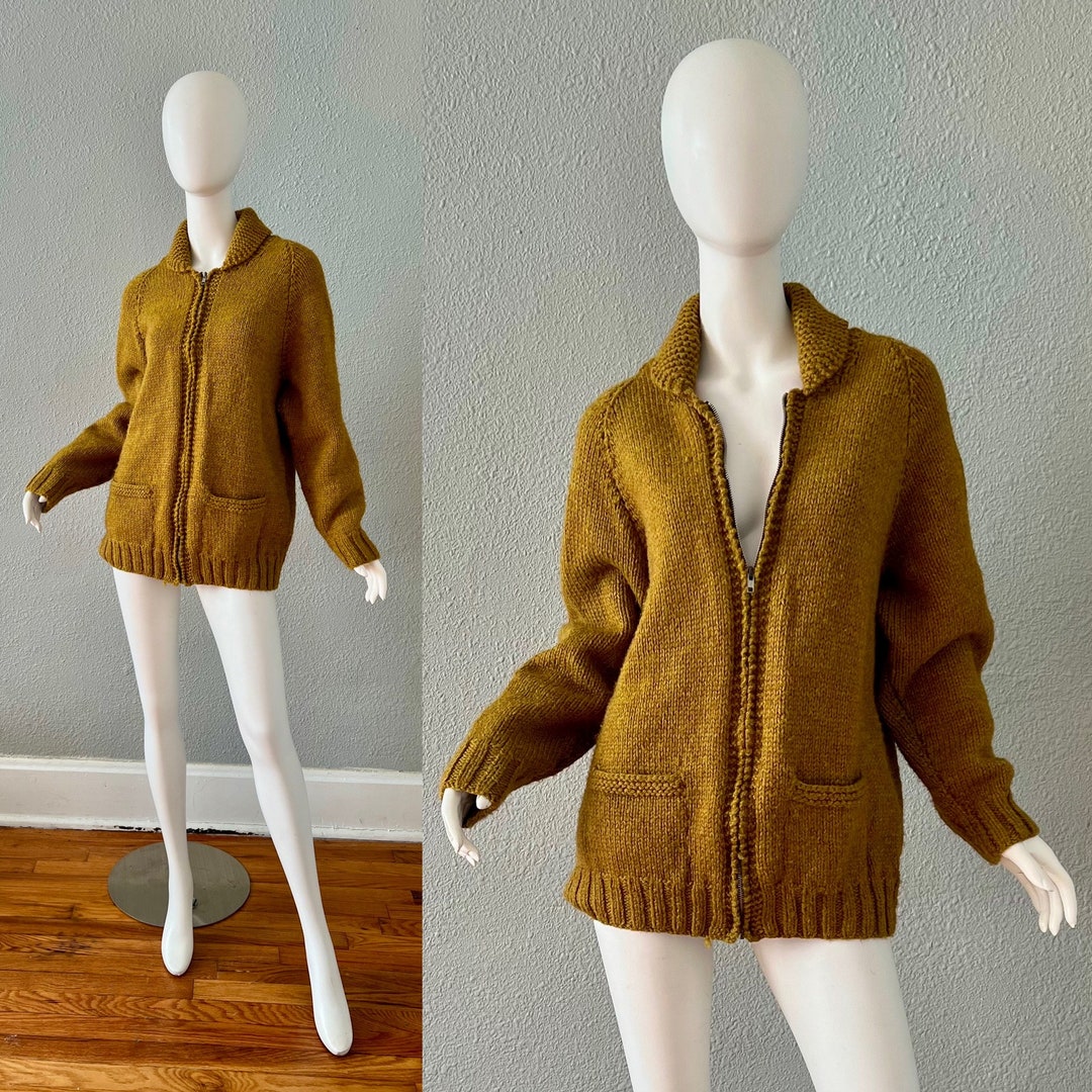 Vintage 50s 60s Mens Hand Knit Cowichan Cardigan Wool Sweater Jacket S ...