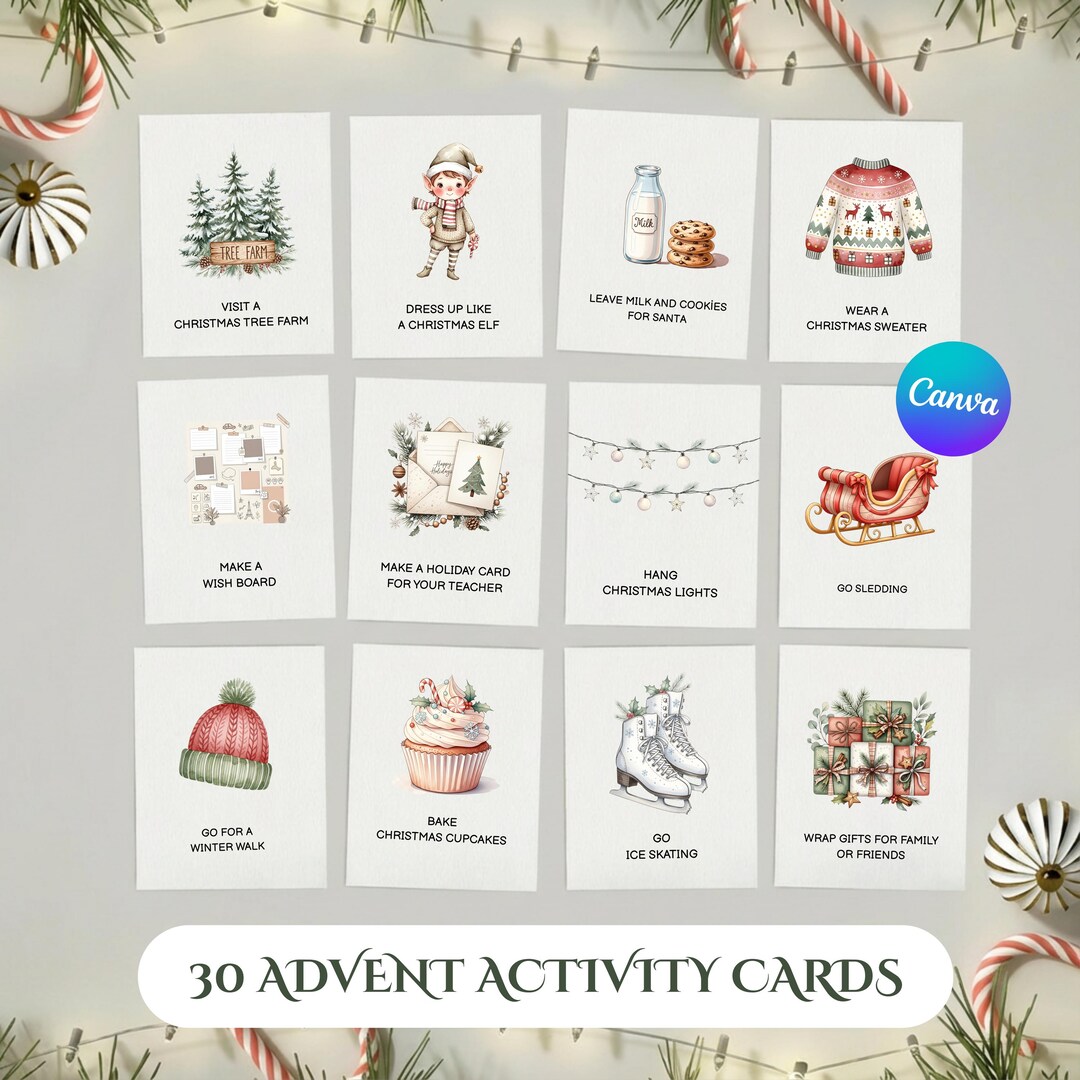 Editable Christmas Advent Activity Cards, 30 Printable Advent Calendar ...