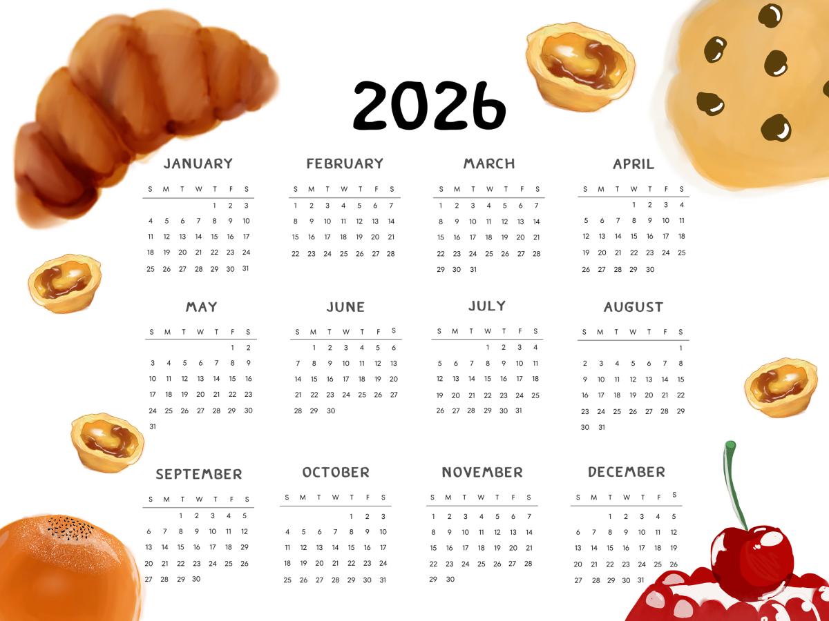 Sweet Dessert 2026 Calendar | Printable Cute Bakery Wall Calendar ...