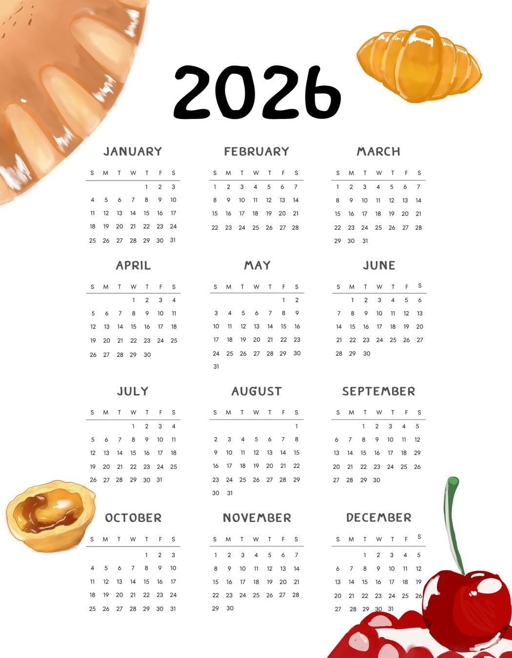 Sweet Bakery 2026 Printable Calendar | Cute Dessert Theme Wall Calendar ...