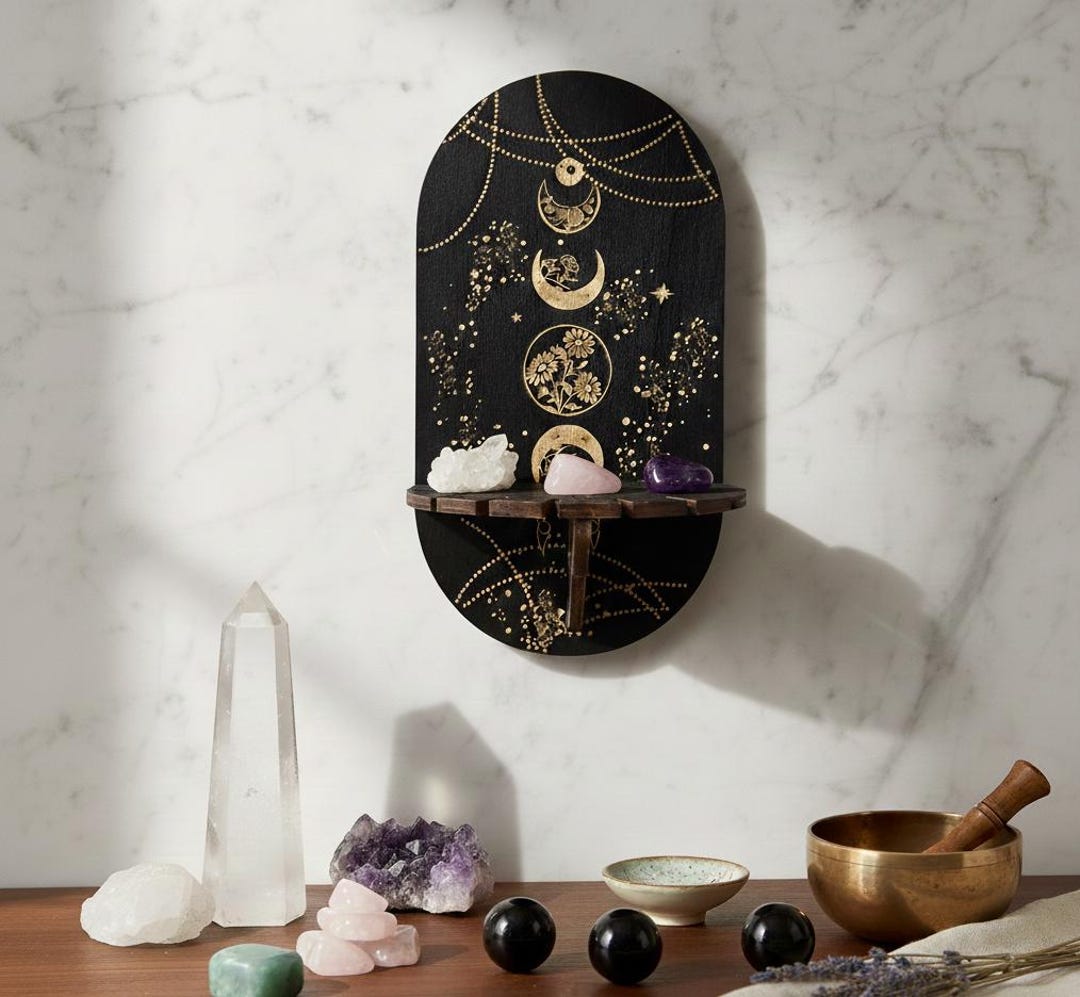 Mystic Moon Crystal Display Altar - Wall Wooden Shelf for Healing ...
