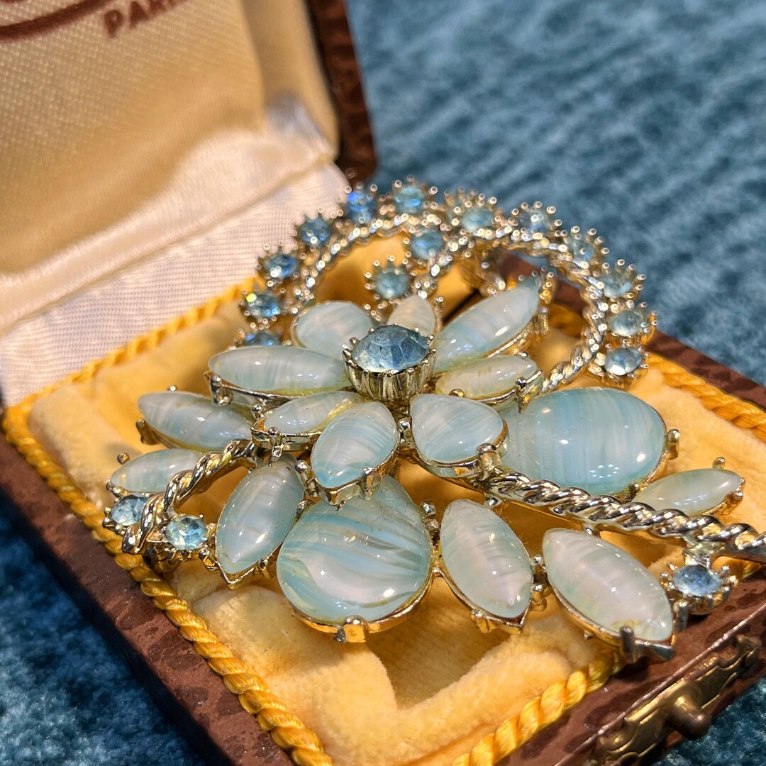 Exquisite 1960s Blue Cloud-glass Flower Brooch . Vintage Open-back ...