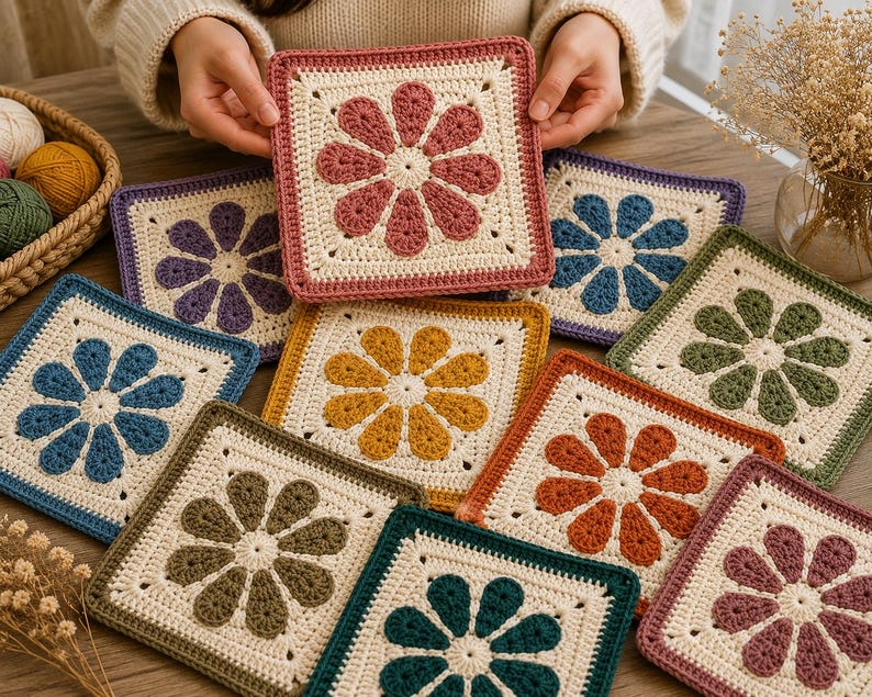 Retro Daisy Granny Square Crochet Pattern PDF | 3D Flower Granny Square ...