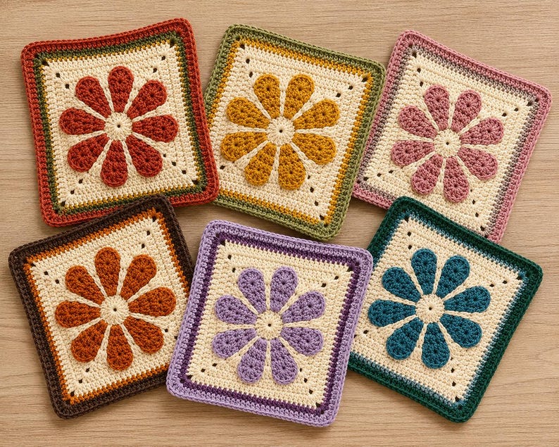 Retro Daisy Granny Square Crochet Pattern PDF | 3D Flower Granny Square ...
