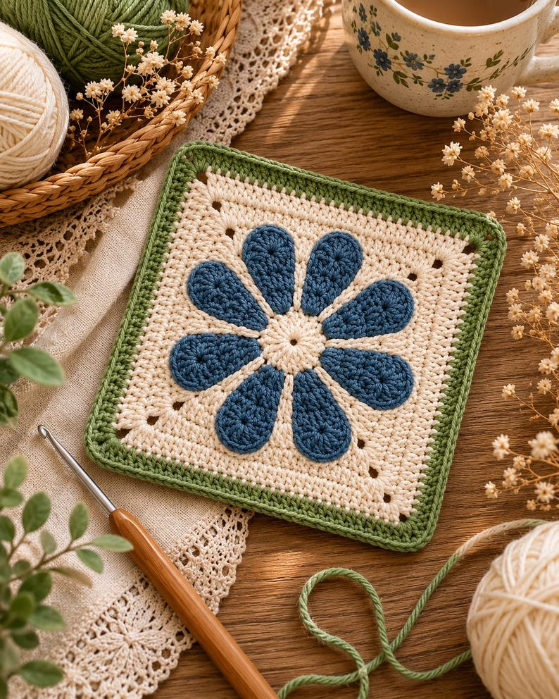 Retro Daisy Granny Square Crochet Pattern PDF | 3D Flower Granny Square ...