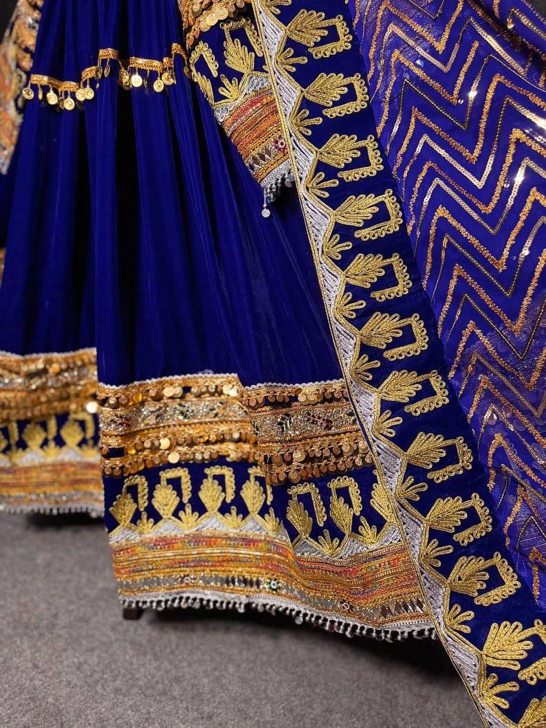 Deep Blue Afghan Dress With Mirror Work & Embroidery – Zigzag Dupatta ...