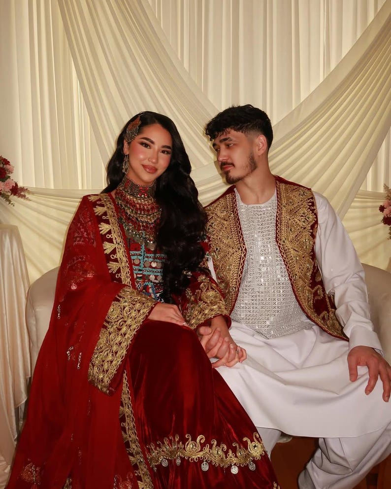 Afghan Couple Outfit: Handmade Red & White Couple Set, Embroidered ...