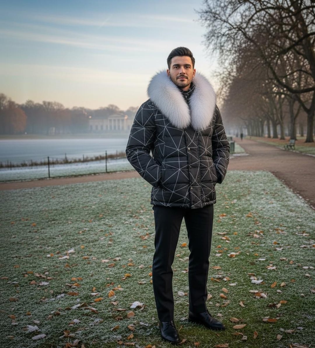 Men's Geometric Puffer Jacket With Detachable Fur Collar - Etsy