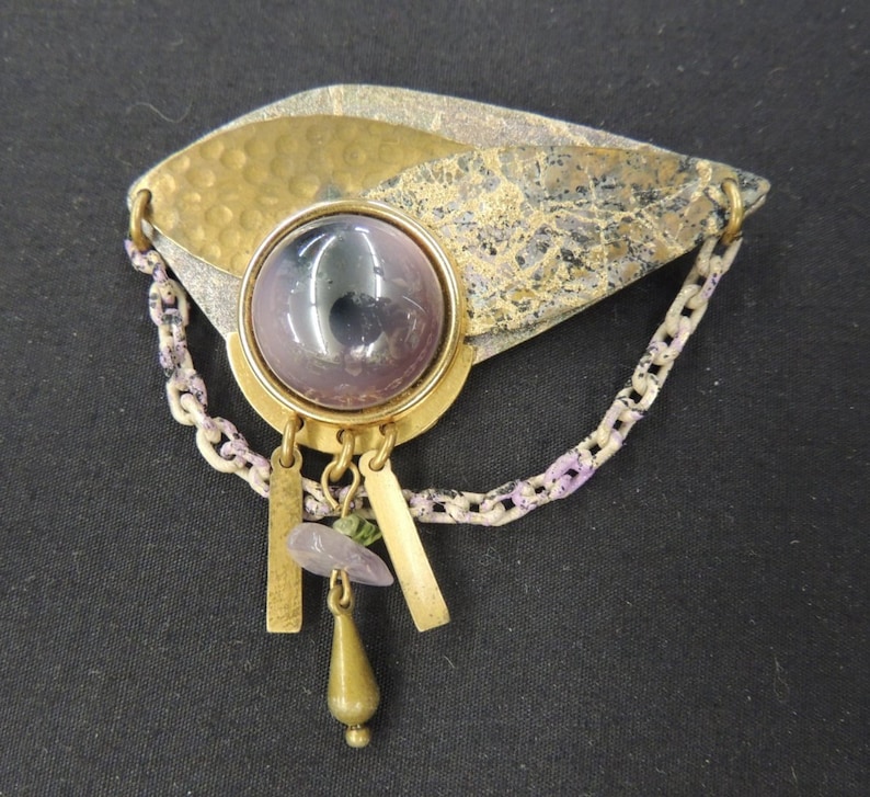 Vintage 1980's Metal & Purple Glass Cabochon Eye Dangle Brooch - Etsy