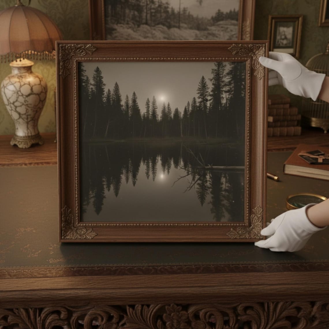 Serene Forest Lake Reflection Wall Art | Vintage Sepia Nature Print ...