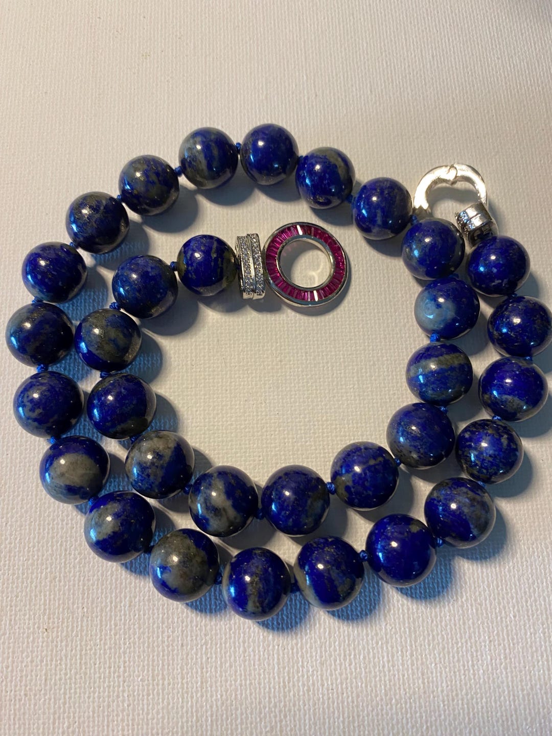Indigo Blue Lapis Lazuli Silk Knot Silver Plated Tourmaline CZ Clasp ...