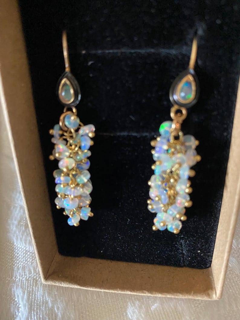 Ethiopian Opal Cluster Earrings - 14k Gold Filled - Dangle Cluster of ...