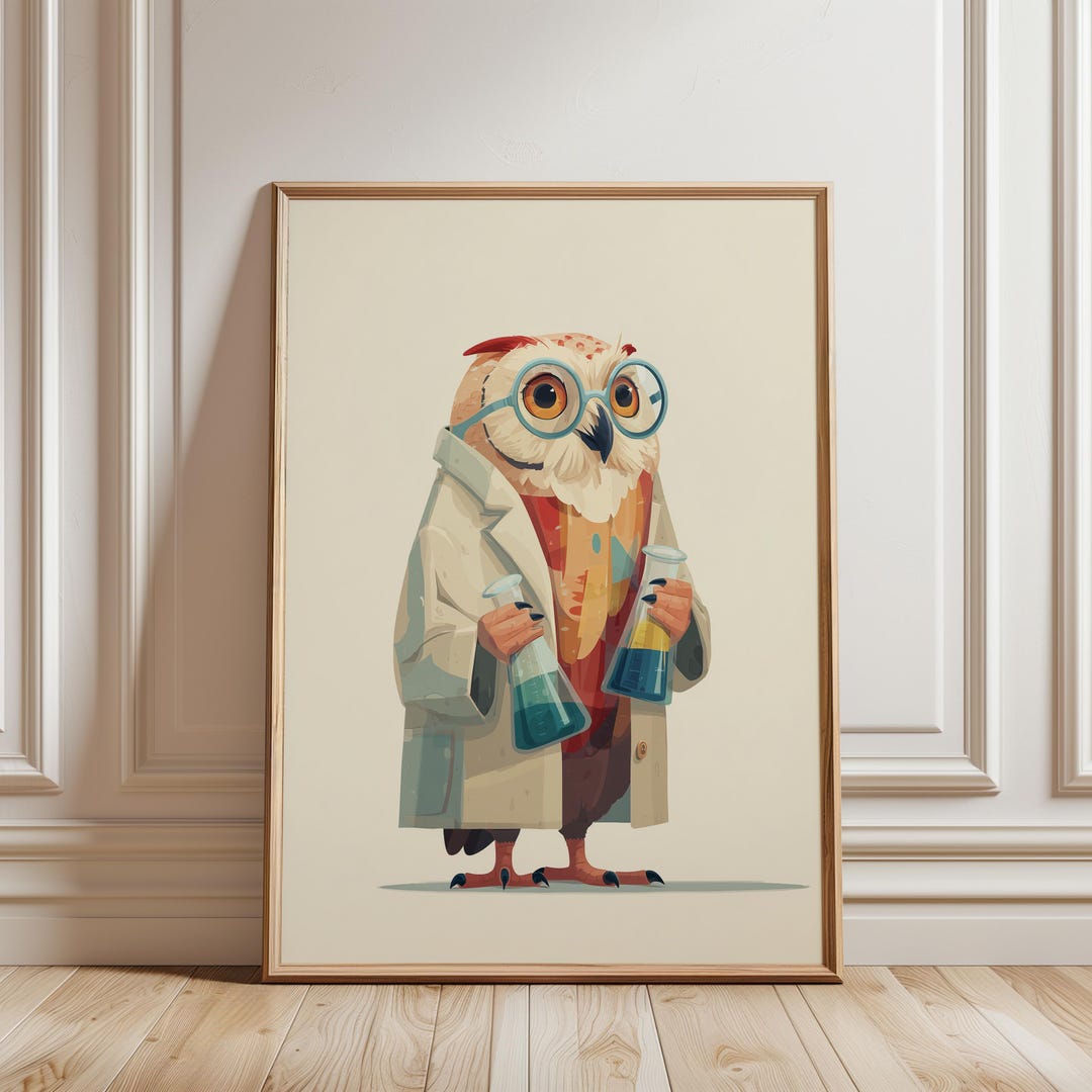 Scientist Owl Print: Retro Kids Room Decor Nursery Art Whimsical ...
