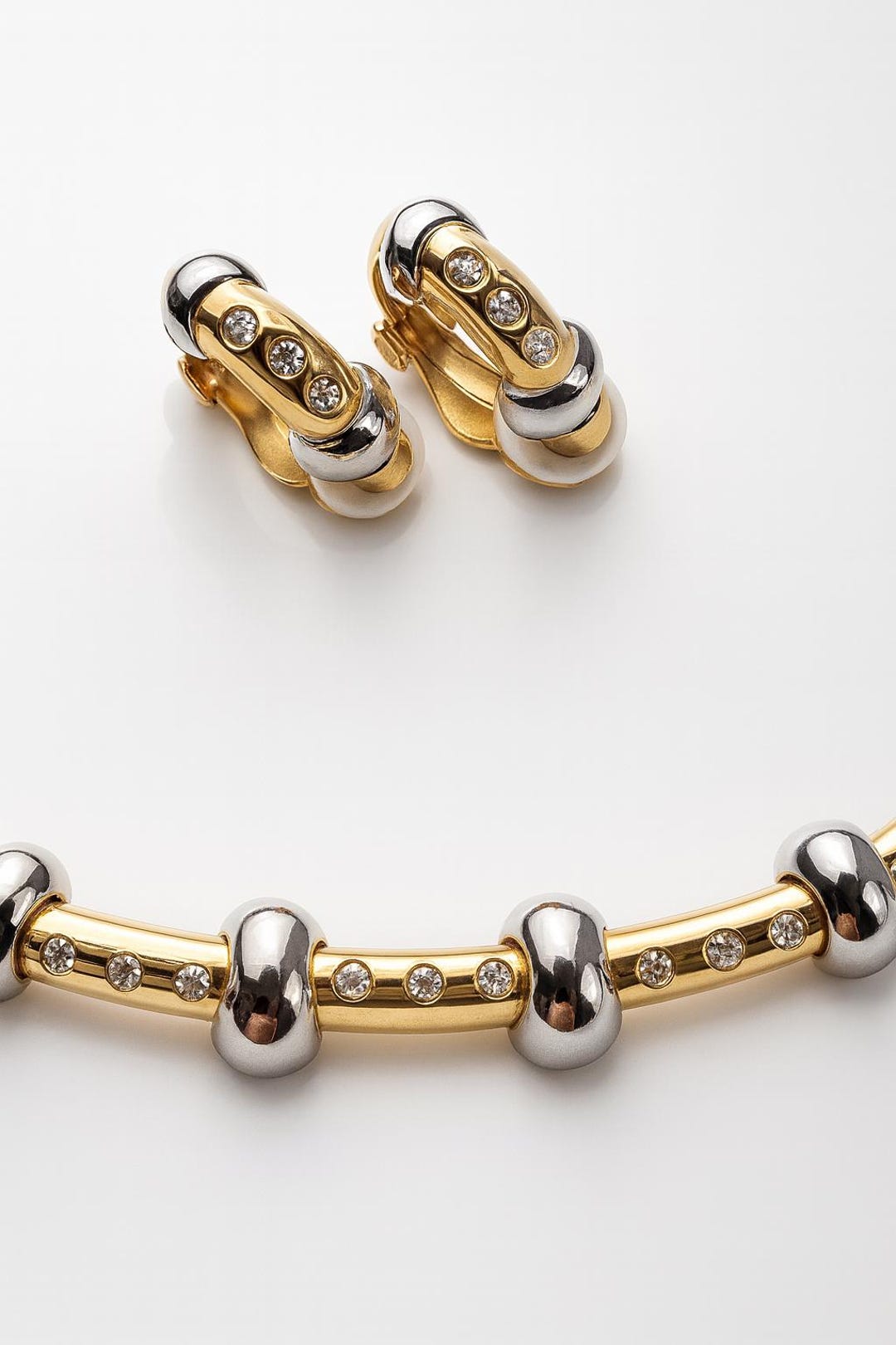 Vintage Two-tone Choker Set | Gold & Silver Necklace and Clip Earrings ...