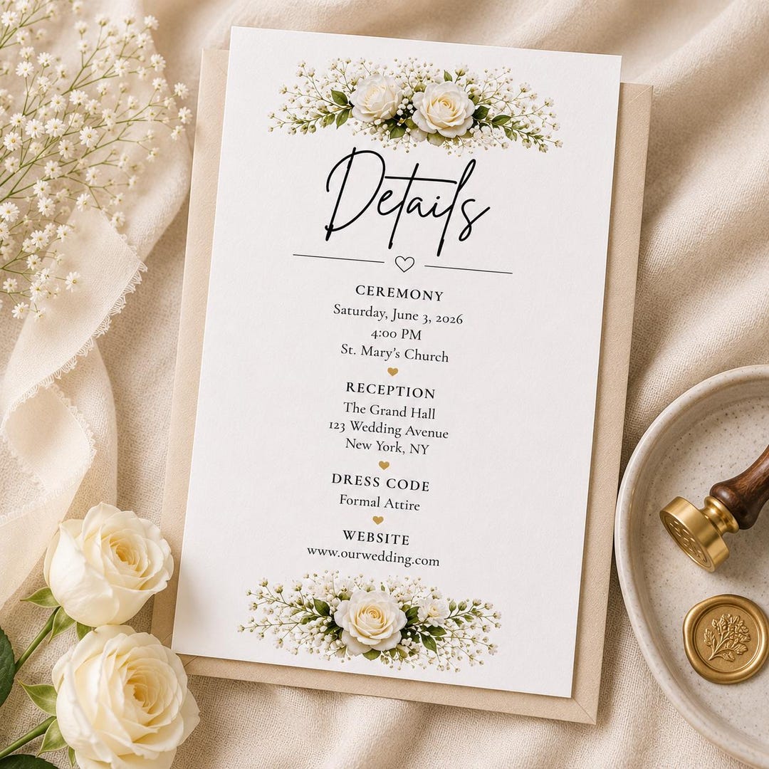 Minimalist Wedding Details Card Template, Editable Information Insert ...