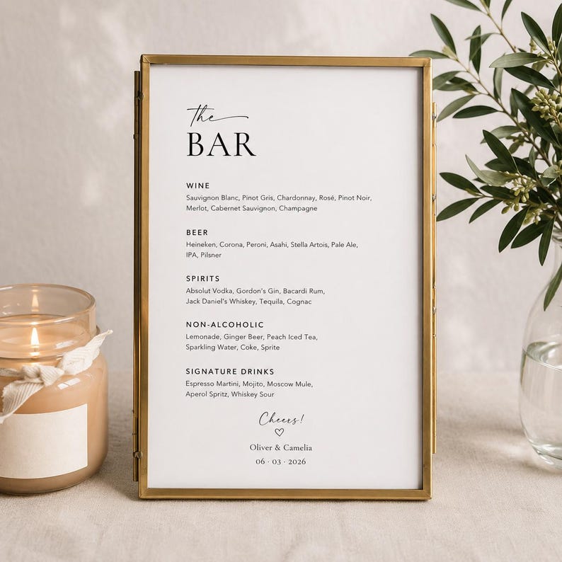 Modern Wedding Bar Menu Sign, Minimalist Drink Menu Template (digital ...